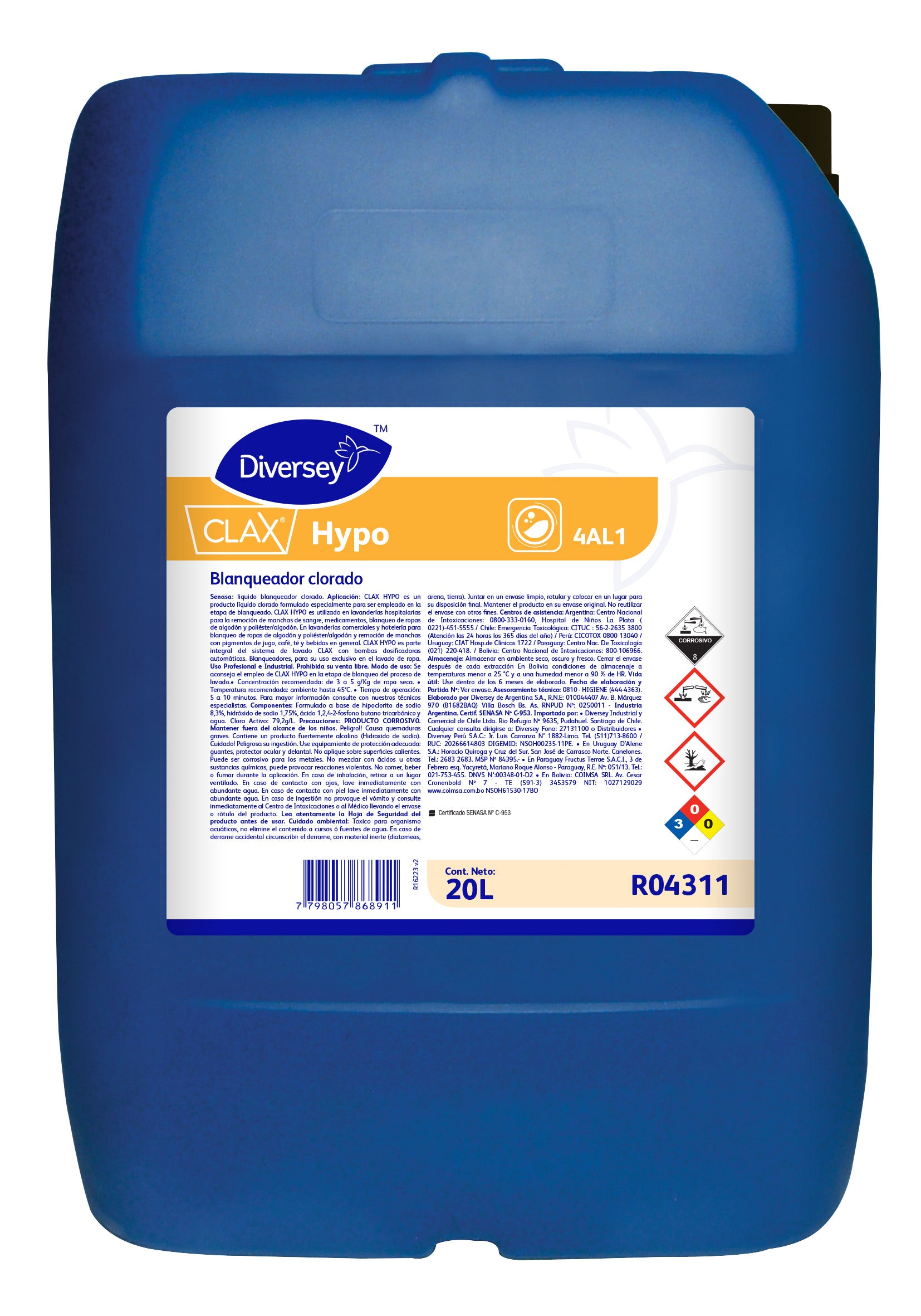 Blanqueador clorado líquido Clax Hypo 20 litros Diversey